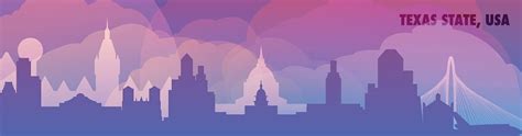 텍사스 주 미국 스카이 라인 도시 파노라마 그라디언트 벡터 얇은 배너 보라색 댈러스 휴스턴 샌안토니오 오스틴 포트워스 도시 풍경 바닥글 머리글 인포 그래픽 가로 그래픽