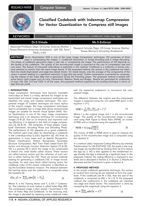 Pdf Classified Codebook With Indexmap Compression For Vector Quantization To Compress Still Images