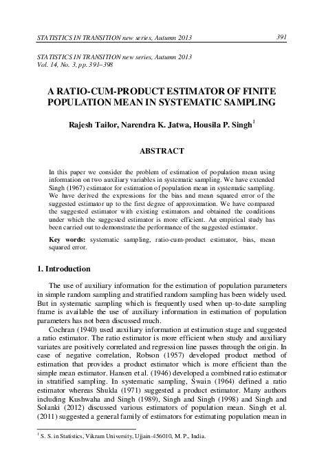 Pdf A Ratio Cum Product Estimator Of Finite Population Mean In