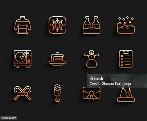 세트 라인 크리스마스 사탕 지팡이 샴페인 스웨터 엽서 산타 클로스 모자 케이크 새해 목표 목록과 눈사람 아이콘의 유리 벡터 검은