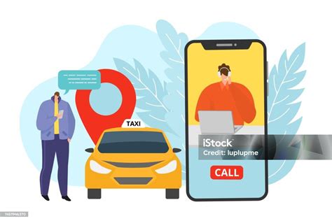 스마트폰 통화 또는 모바일 애플리케이션 벡터 일러스트가 있는 택시 서비스 Gps 응용 프로그램 웹 페이지에서 교통 순서 사람 남자 캐릭터 개념에 대한 스톡 벡터 아트 및