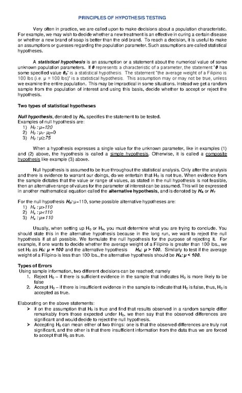 Hypothesis Testing Principles Of Hypothesis Testing Very Often In Practice We Are Called