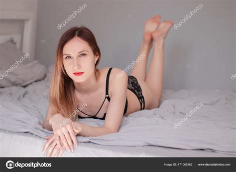 Sexy Seductive Redhead Woman Black Lingerie Bed Grey Sheets Stock Photo Oliavvvesna Gmail