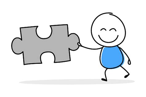 손으로 그린 퍼즐 기호 조각 아이콘을 들고 있는 스틱맨이 있는 재미있는 개념 만화 스타일 디자인 벡터 그림 개념에 대한 스톡 벡터 아트 및 기타 이미지 Istock