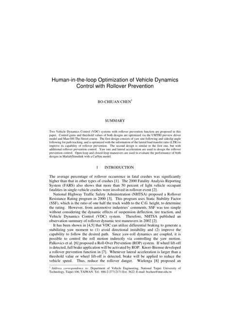 Pdf Human In The Loop Optimization Of Vehicle Dynamics Control With Rollover Prevention