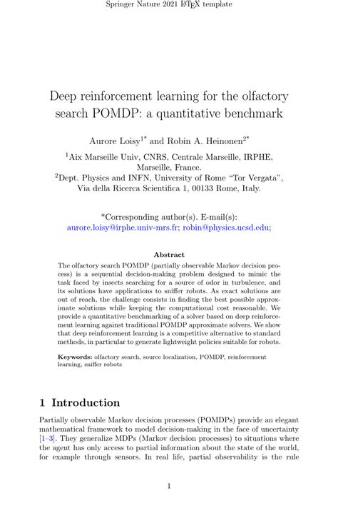 Pdf Deep Reinforcement Learning For The Olfactory Search Pomdp A
