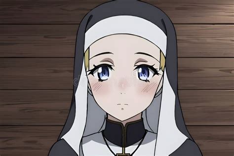 Shy Anime Manga Girl In A Nun Outfit Standing In A Monastery
