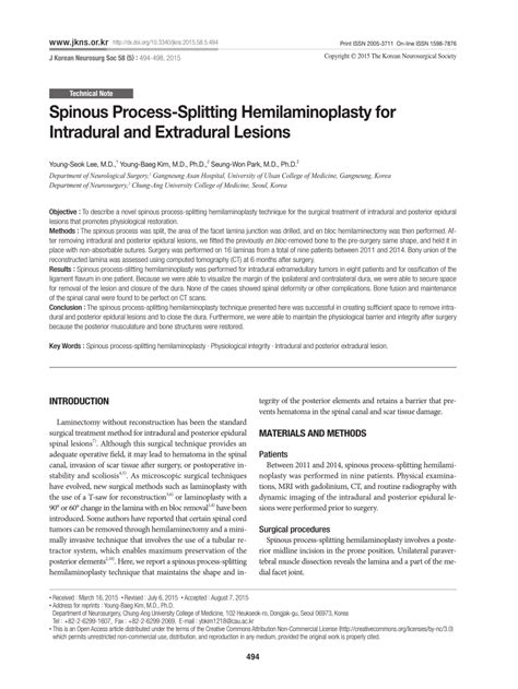 Pdf Spinous Process Splitting Hemilaminoplasty For Intradural And Extradural Lesions