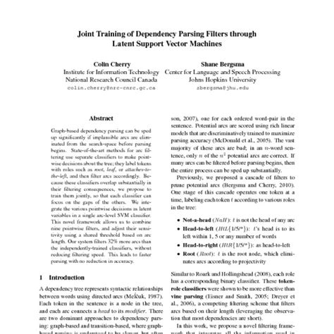 Joint Training Of Dependency Parsing Filters Through Latent Support Vector Machines Acl Anthology