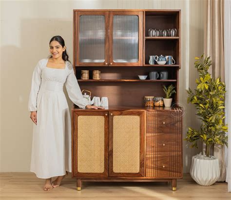 Buy Tripti Classic Kitchen Cabinet With Fluted Glass Cane Weave