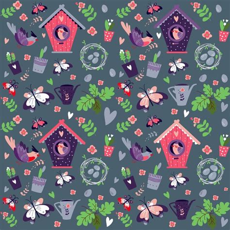 Premium Vector Vector Seamless Pattern With Birds Birdhouses Nests Flowers