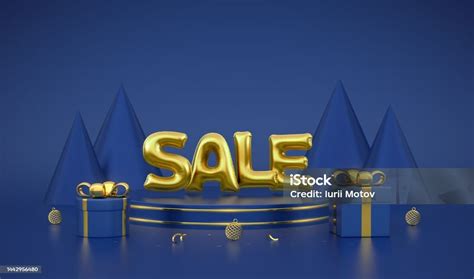판매 배너 골든 세일 풍선 단어입니다 파란색 배경에 장면과 3d 원형 플랫폼 금 활 금속 소나무 가문비 나무 축제 헬륨 풍선이 있는 선물 상자가 있는 받침대 벡터 그림 0