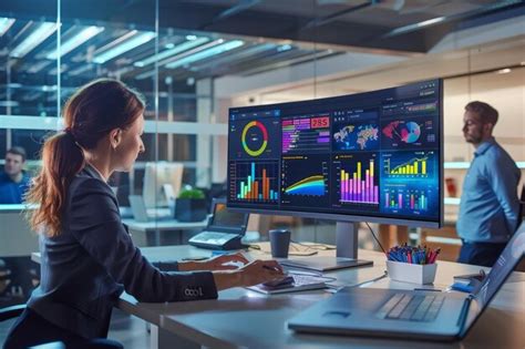 A Woman Sits At A Desk With A Computer Screen Showing Graphs And Charts Premium AI Generated Image