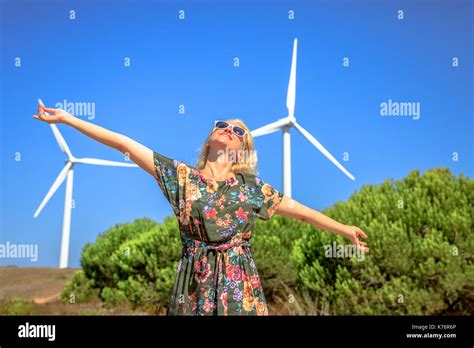 Wind Turbines Woman Stock Photo Alamy