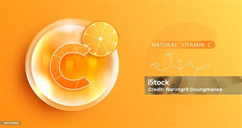 물방울 비타민 C 오렌지와 구조 자연의 화학 공식과 복잡한 비타민 용액 뷰티 트리트먼트 영양 스킨 케어 디자인 화장품에 대한 의료 및 과학적 개념 개념에 대한 스톡 벡터