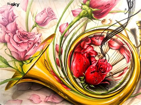 기초디자인 장미 호른 악보 구름 드로잉 장미 그림 디자인