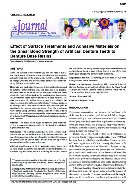 Pdf Effect Of Surface Treatments And Adhesive Materials On The Shear Bond Strength Of