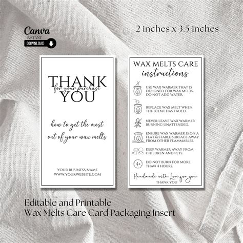 Wax Melt Instructions Printable Wax Melt Care Instructions Editable Care Card Wax Melt