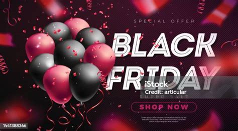 어두운 배경에 떨어지는 색종이와 파티 풍선이 있는 블랙 프라이데이 세일 그림 벡터 새해와 크리스마스 디자인 템플릿으로 인사말 카드 전단지 배너 축하 포스터 또는 파티
