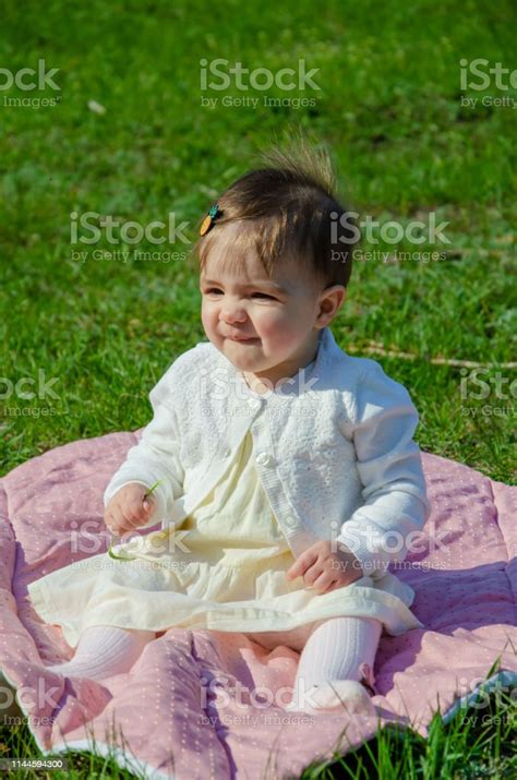 공원에서 푸른 잔디에 분홍색 격자 무늬에 밝은 옷에 아기 신생아는 더운 날에 밖으로 작은 소녀는 녹색 잔디밭에 격자 무늬에 재생 귀여운에 대한 스톡 사진 및 기타 이미지