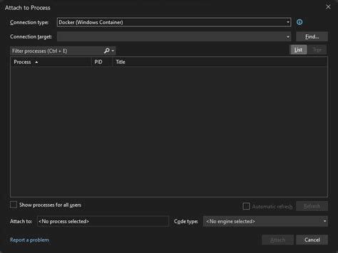 Melampirkan Ke Proses Yang Berjalan Pada Kontainer Docker Visual