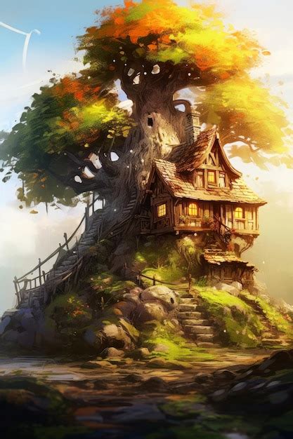 A Cute Cottage On A Tree Roots Premium Ai Generated Image