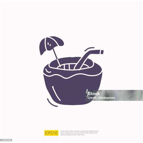 여행 휴가 투어 및 공석 개념 벡터 일러스트레이션 코코넛 드링크 낙서 실루엣 글리프 아이콘 기호 기호 과일에 대한 스톡 벡터