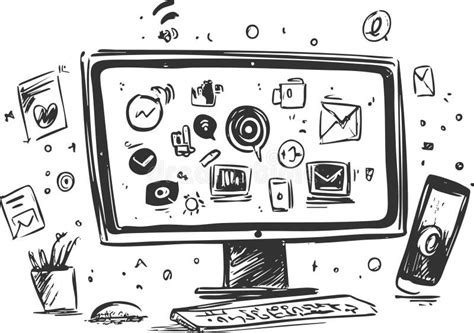 Black And White Sketch Of A Computer Screen With Digital Icons Stock Illustration