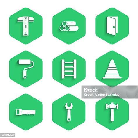 세트 나무 계단 렌치 스패너 망치 교통 콘 손 톱 페인트 롤러 브러시 닫힌 문 및 Tsquare 라인 아이콘 벡터 갈고리 발톱에 대한 스톡 벡터 아트 및 기타 이미지