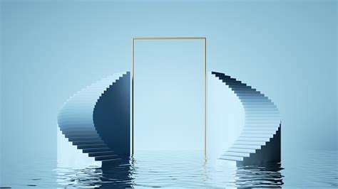 3d 렌더링 추상 파스텔 블루 배경 제품 프리젠 테이션을위한 현대적인 미니멀 쇼케이스 단계와 간단한 아르 데코 장면 황금 사각형 프레임과 물에 반사 0명에 대한 스톡 사진