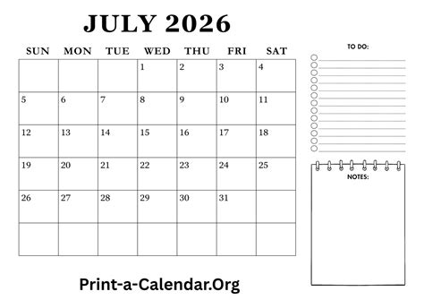 July 2026 Calendar Printable Print A Calendar