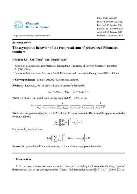 Pdf The Asymptotic Behavior Of The Reciprocal Sum Of Generalized Fibonacci Numbers