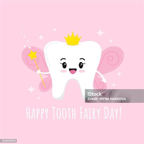 스타 날개 골드 크라운과 분홍색 배경에 고립 된 반짝반짝 마법 지팡이귀여운 치아 요정 이빨 요정 허구 캐릭터에 대한 스톡 벡터 아트 및 기타 이미지 이빨 요정 허구