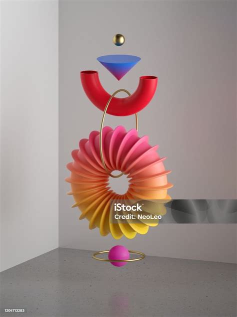 3d 렌더링 추상적 인 다채로운 기하학적 모양 최소한의 현대 구성 반 중력 균형 개념 다양한 부양 디자인 요소 생생한 네온 그라데이션 포스트 모던 아트 워크 0명에 대한