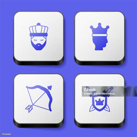 왕관 중세 활과 화살 방패 검 아이콘으로 왕을 설정합니다 흰색 사각형 버튼 벡터 겨냥에 대한 스톡 벡터 아트 및 기타 이미지