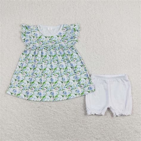 Gsso0601 Pink Purple Flowers Flutter Sleeve Blue Shorts Girls Summer S