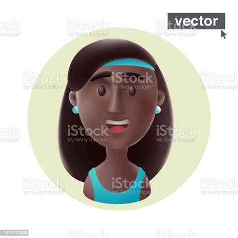 파란 머리 후프와 원형 프레임 아바타의 스포츠 탑을 가진 젊은 미소 짓는 아프리카계 미국인 여성 3차원 형태에 대한 스톡 벡터