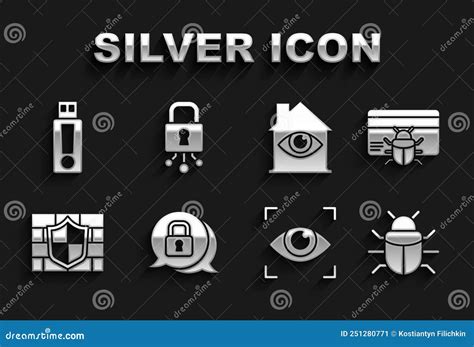 Set Cyber Security System Bug In Credit Card Eye Scan Shield With Brick Wall House Eye Usb