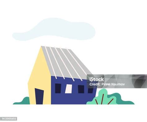 슬로프 지붕과 사각형 창 벡터 일러스트 레이 션이있는 예쁜 다채로운 집 0명에 대한 스톡 벡터 아트 및 기타 이미지 0명