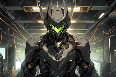 Premium Photo A Sleek Humanoid Robot With Glowing Green Eyes