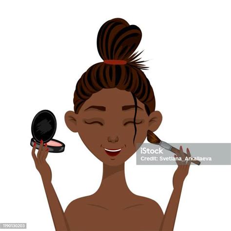 뷰티 아프리카 여성은 얼굴에 메이크업을 적용합니다 만화 스타일입니다 벡터 그림입니다 Salone Internazionale