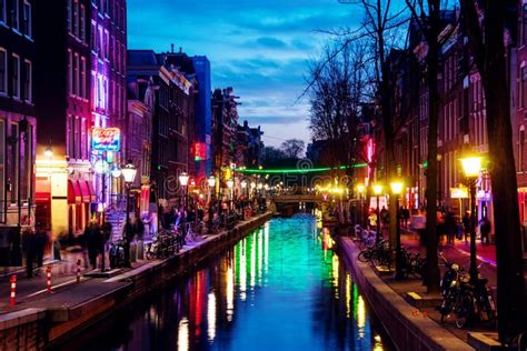 Night View Of Red Light District In Amsterdam Netherlands With Sex