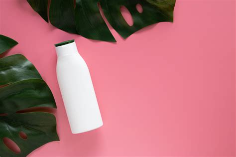 화장품 자연 스킨 케어 개념 브랜딩 모형을 위한 빈 레이블이 있는 백색 화장품 병 콘테이너 복사 공간으로 분홍색 배경에 녹색