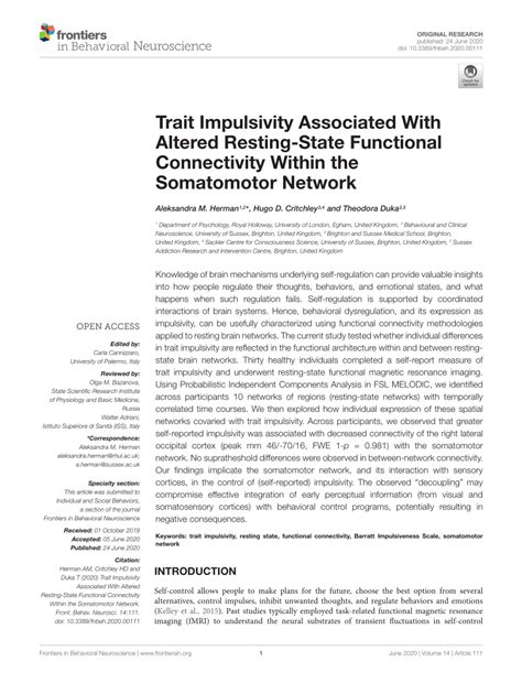 Pdf Trait Impulsivity Associated With Altered Resting State Functional Connectivity Within The