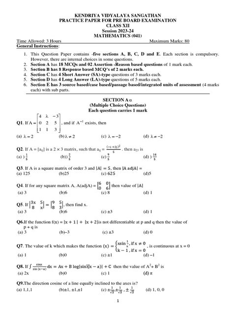 Math Xii Preboard Pdf Algebra Mathematical Concepts