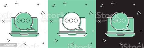 흰색과 녹색 검은 색 배경에 격리 노트북 아이콘에 새로운 채팅 메시지 알림을 설정합니다 스마트 폰 채팅 Sms 메시지 음성 거품 벡터 일러스트레이션 아이콘에 대한 스톡 벡터