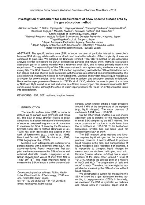 Pdf Investigation Of Adsorbent For A Measurement Of Snow Specific Surface Area By The Gas