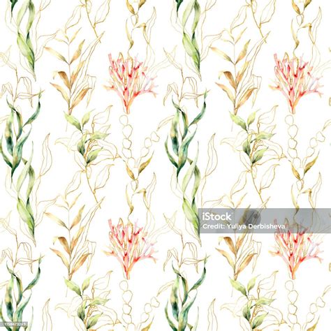 라미나리아 잎과 산호와 수채화 원활한 패턴 흰색 배경에 고립 된 조류와 열대 말미잘과 손으로 수중 꽃 그림을 그린 디자인 직물