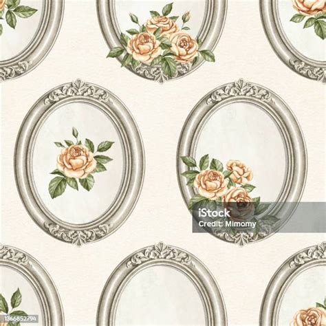 타원형 실버 프레임에 오렌지 꽃 장미와 수채화 만화 원활한 패턴 0명에 대한 스톡 벡터 아트 및 기타 이미지 0명 고풍스런 골동품 Istock