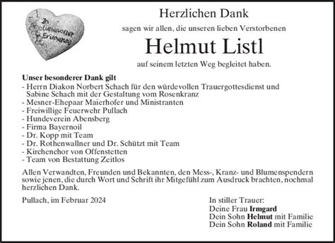 Traueranzeigen Von Helmut Listl Mittelbayerische Trauer